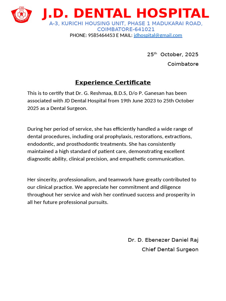 Dr.reshmaa Experience Certificate (2) | PDF