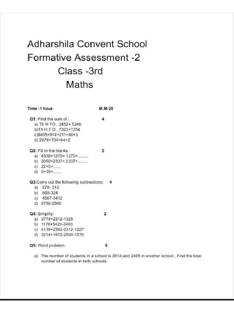 Class 3rd Maths Formative Assessment | PDF