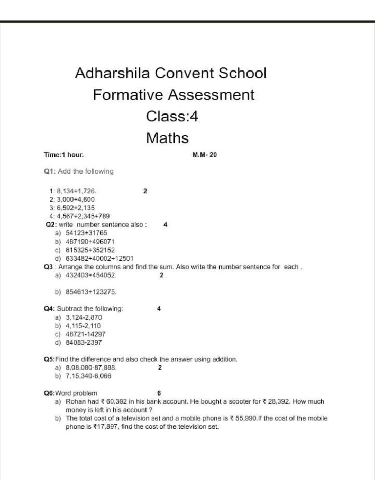Class 4th Formative Assessment | PDF