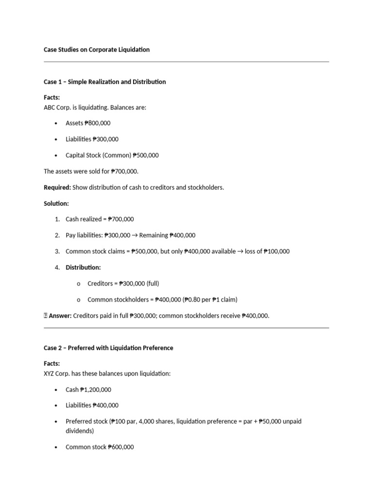 Corporate Liquidation Case Studies | PDF | Stocks | Unsecured Debt