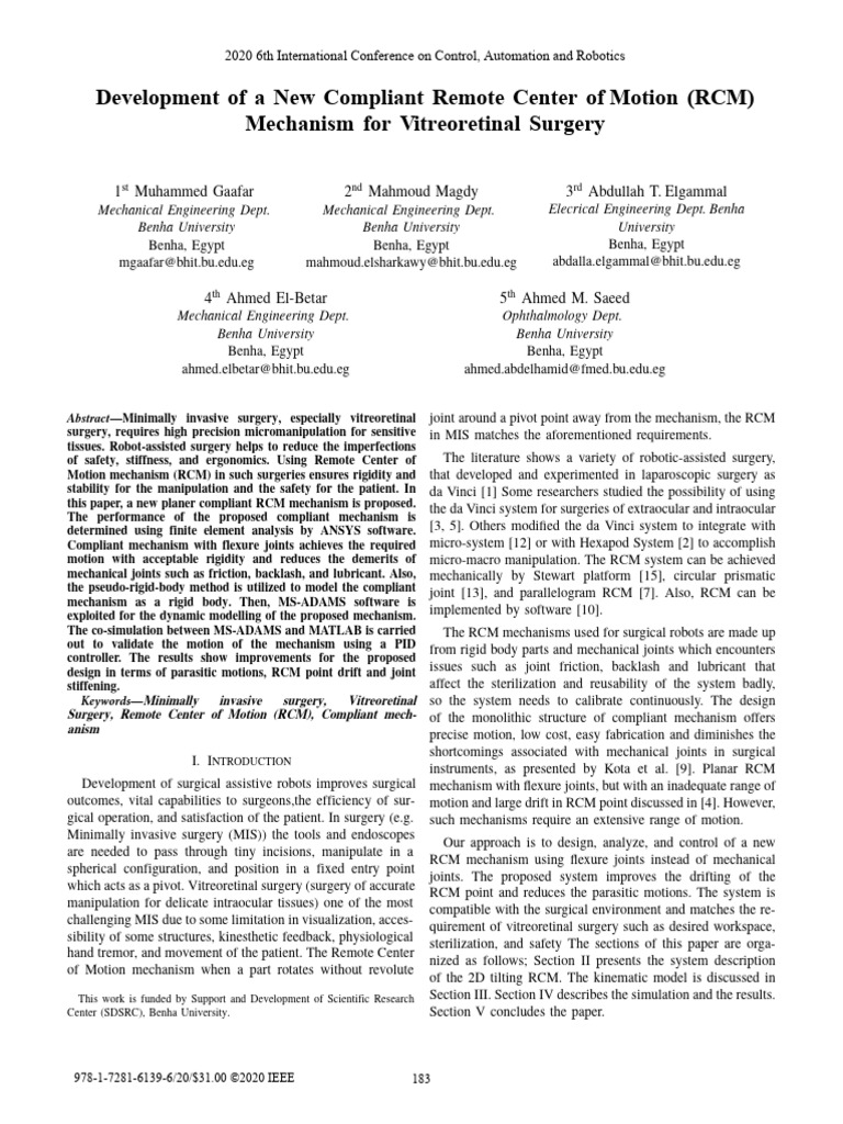 Development of A New Compliant Remote Center of Motion RCM Mechanism ...