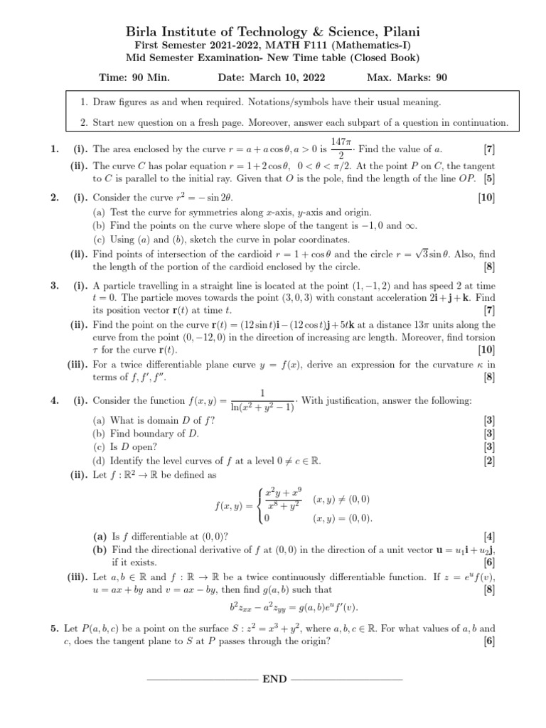 1152 MATH F111 Mid Semester Question Paper | PDF | Mathematics ...