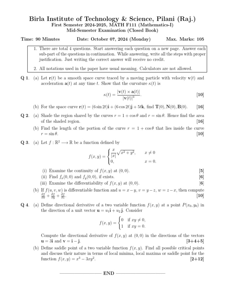 1160 MATH F111 20241222101401 Mid Semester Question Paper | PDF ...