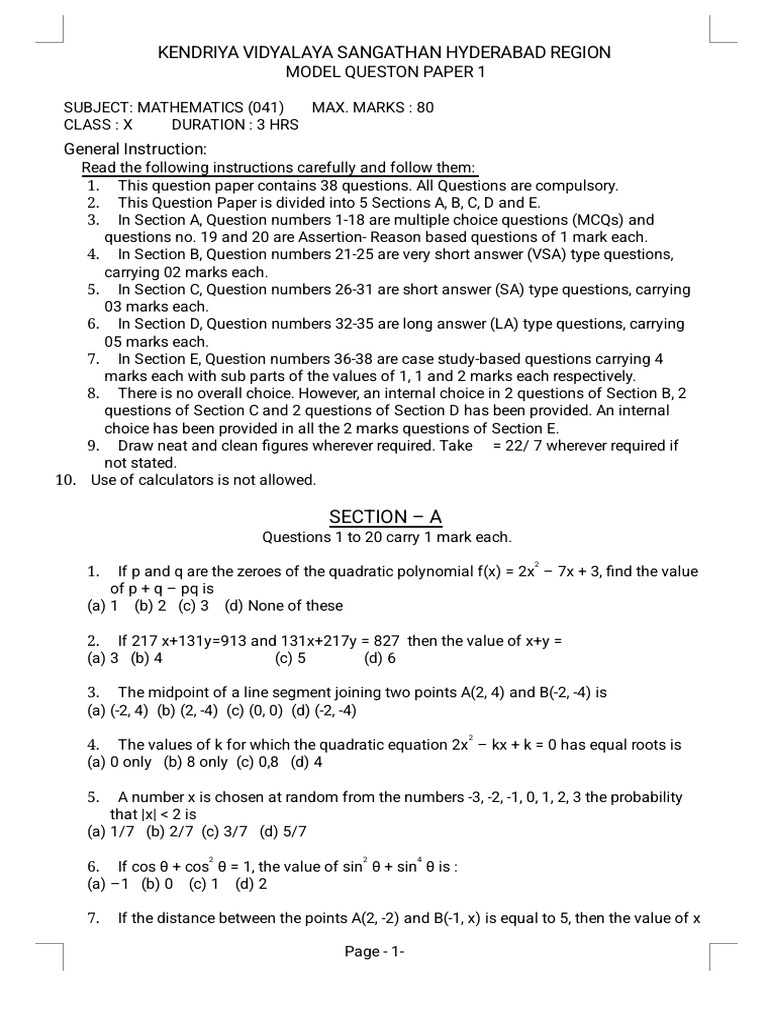 Class X Maths Sample Paper - 1 (KVS, Hydrabad) 2025-26 | PDF | Quadratic Equation | Zero Of A ...
