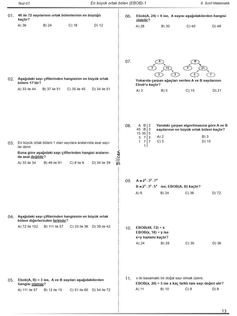 b1 Test 07 en Buyuk Ortak Bolen Ebob 1 | PDF