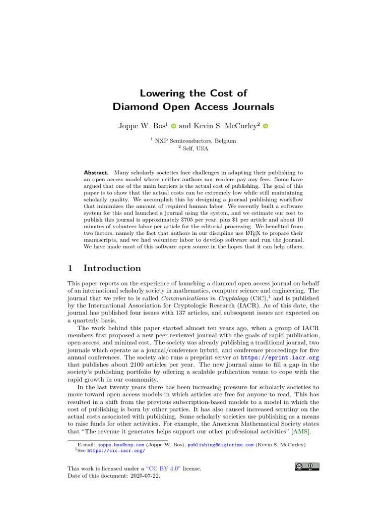 Lowering The Cost of Diamond Open Access Journals: Joppe W. Bos and ...
