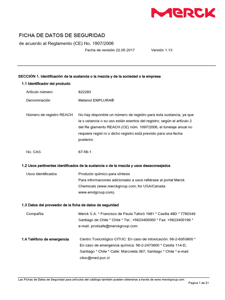 Ficha de Seguridad: Metanol EMPLURA® | PDF | Toxicidad | Metanol