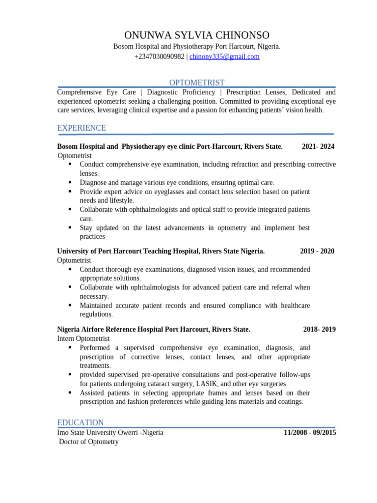 Onunwa Sylvia Chinonso CV | PDF | Optometry | Vision