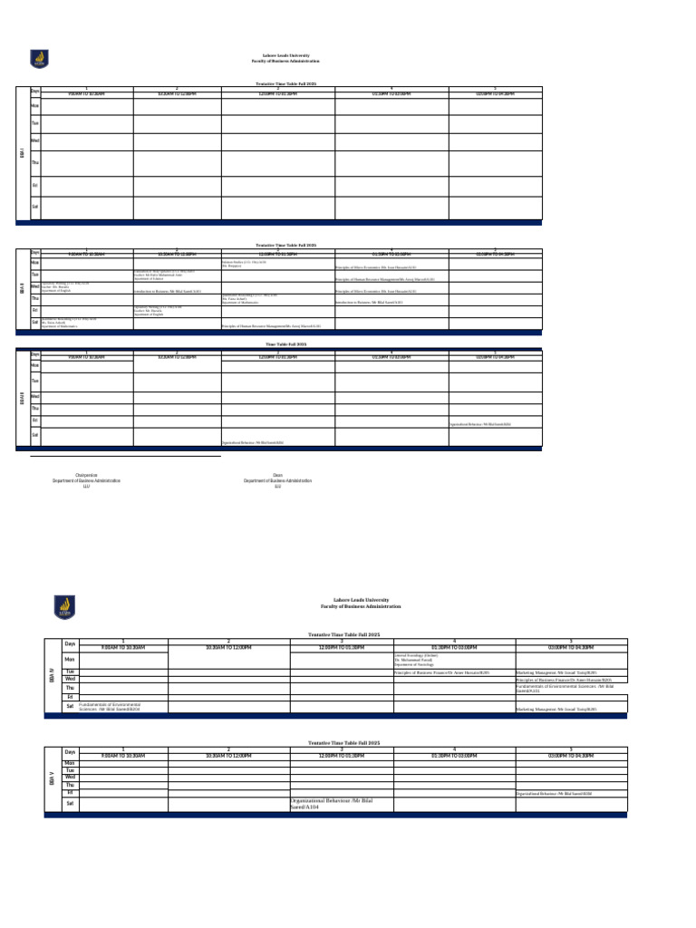BBA Fall 2025 Tentative Time Table | PDF