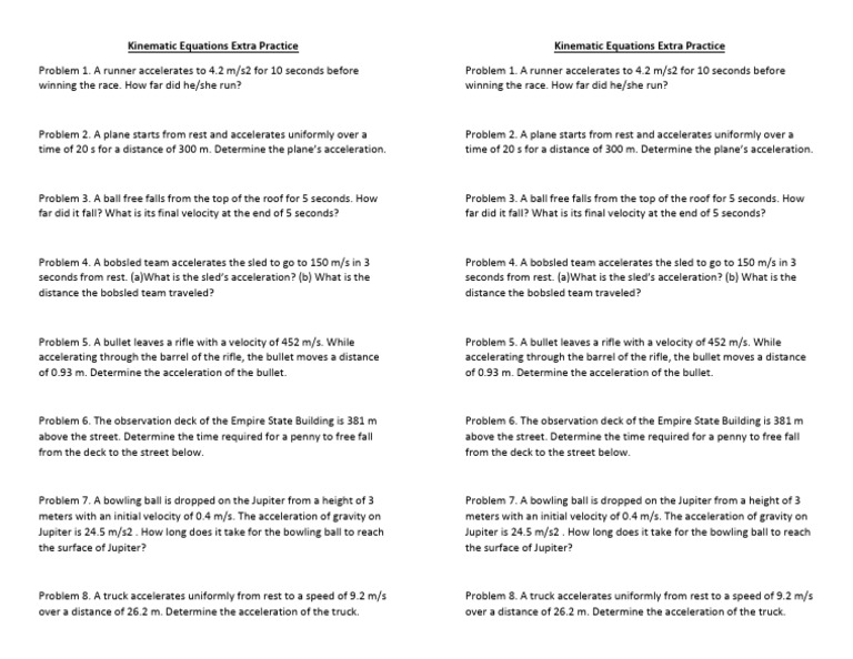 Kinematic Equations Extra Practice | PDF | Acceleration | Classical Mechanics