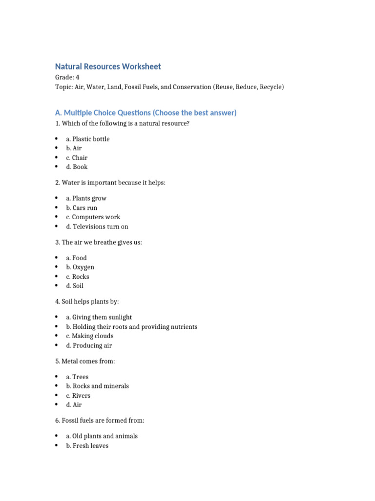 Natural Resources Worksheet for Grade 4 | PDF | Waste | Water