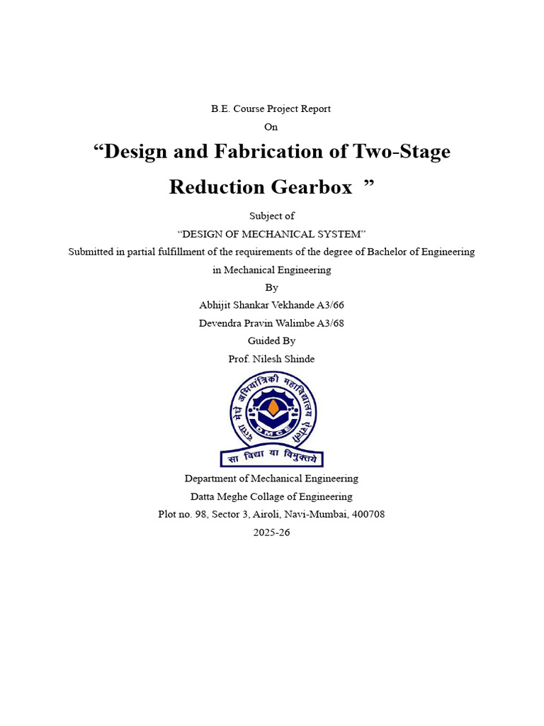 Design and Fabrication of Two Stage Reduction Gearbox | PDF | Gear ...