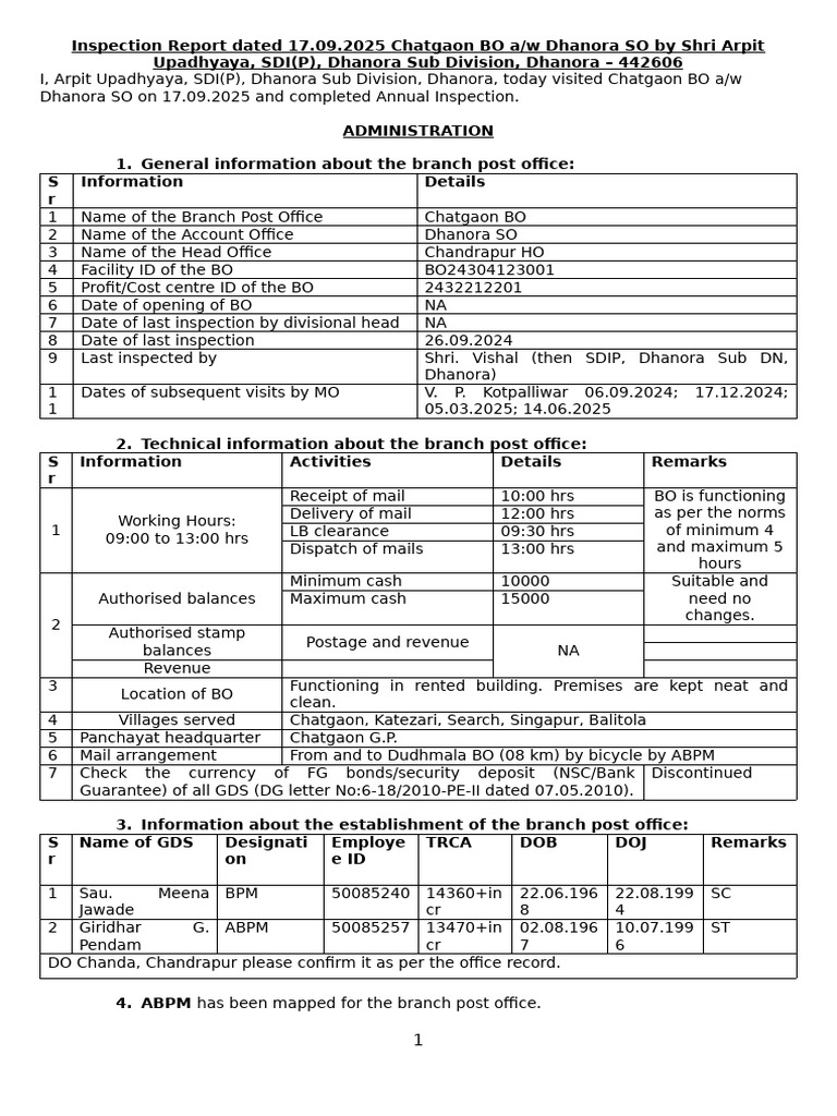 Chatgaon BO Annual Inspection Report 2025 | PDF | Banks | Cash