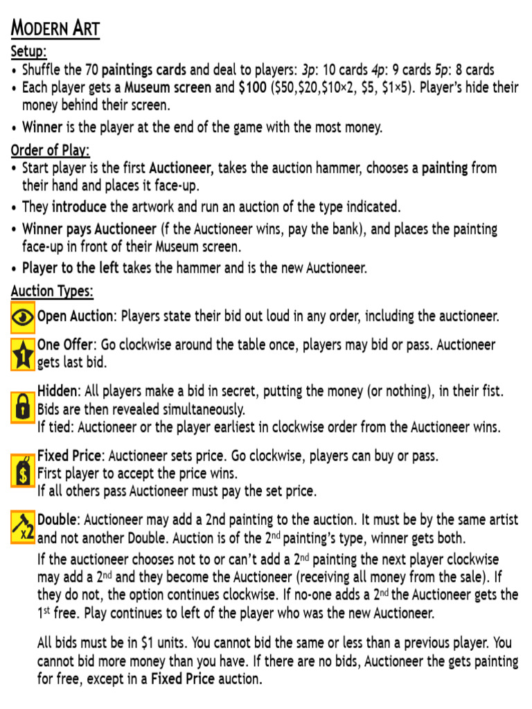 Modern Art Auction Game Rules | PDF | Auction | Pricing