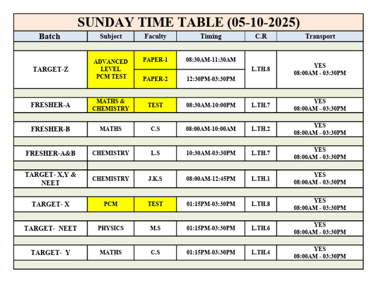 Sunday Time Table for Tests 2025 | PDF