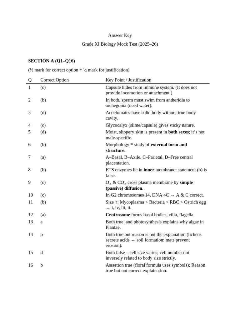Grade11 Bio Mocktest Key | PDF | Molecular Biology | Cell Biology