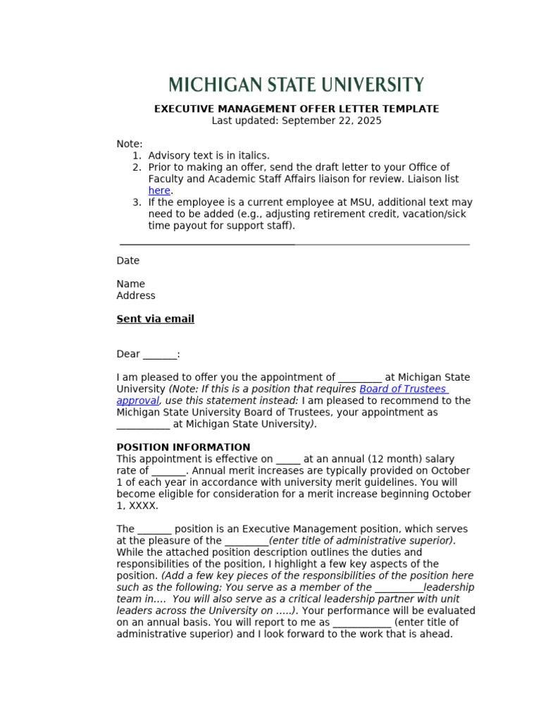 Executive Management Offer Letter Template | PDF | Salary