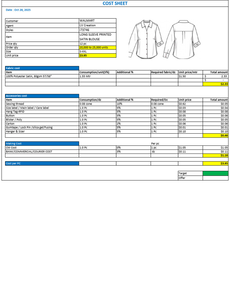 Walmart Long Sleeve Satin Blouse Cost Sheet | PDF | Textile Arts | Fashion