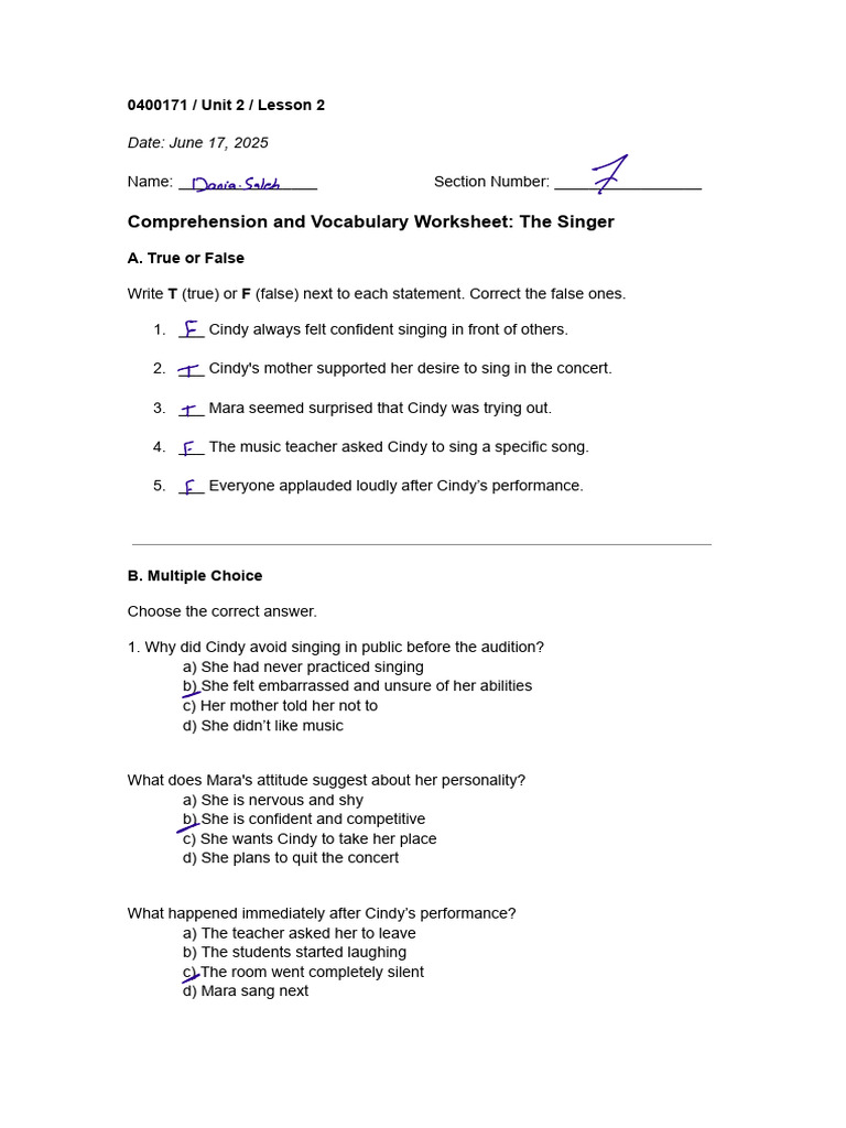 Comprehension and Vocabulary Worksheet - The Singer SCR | PDF
