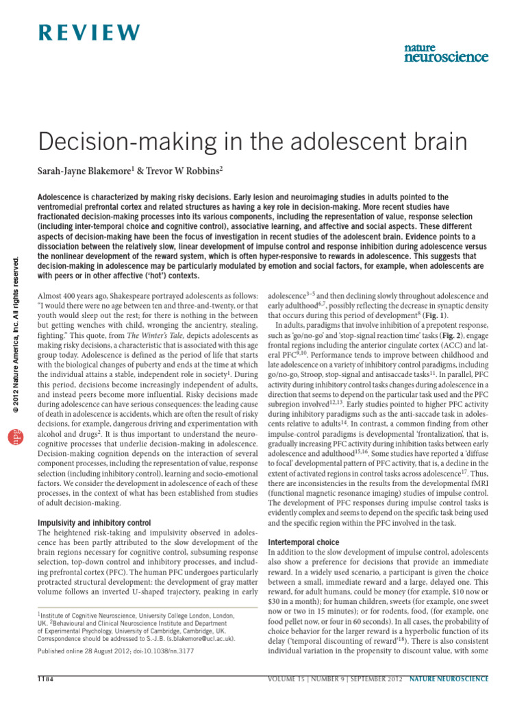 Decision-making in the Adolescent Brain Blakemore | PDF | Decision ...