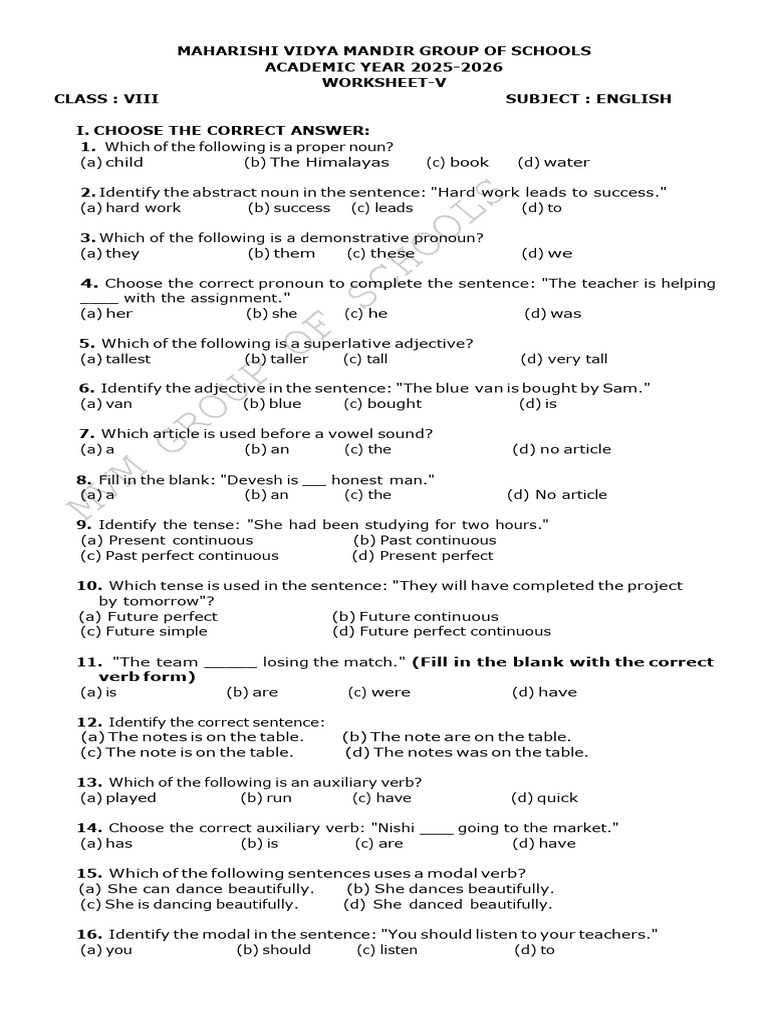 CLASS 8 WS_5 | PDF | Verb | Adjective