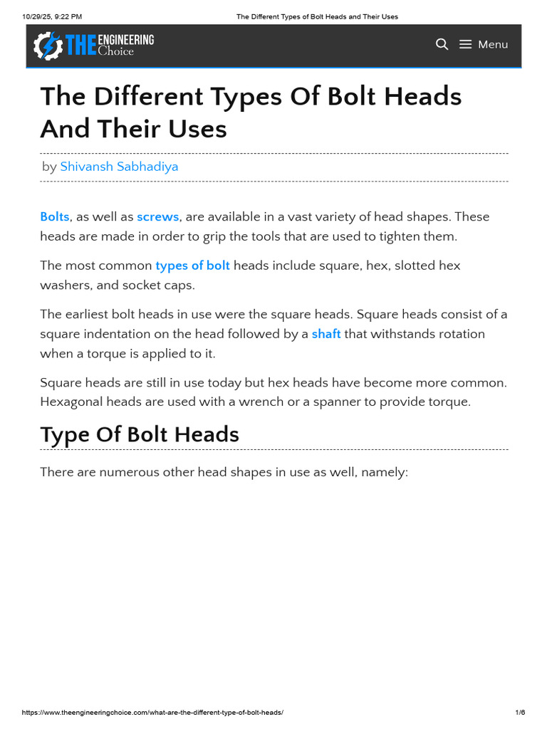 Types of Bolt Heads Explained | PDF | Screw | Metalworking