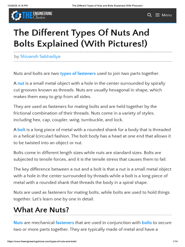 Types of Nuts and Bolts Explained | PDF | Screw | Nut (Hardware)