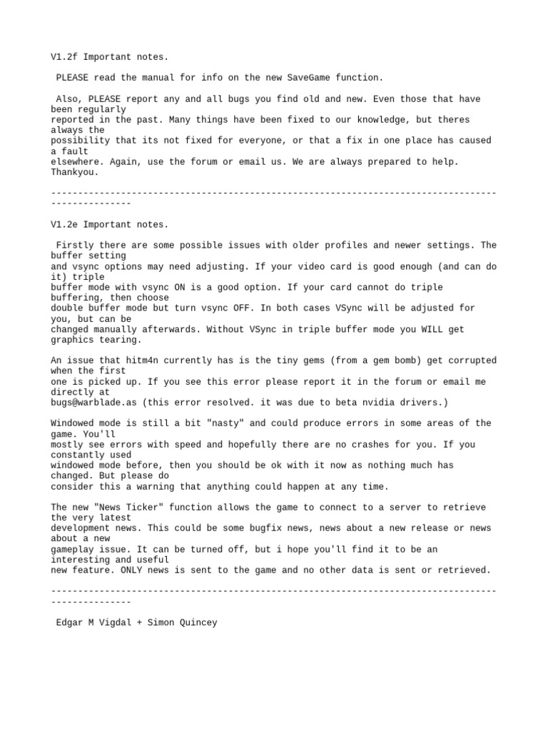 Important New Version Notes - V1.2f - Eng | PDF