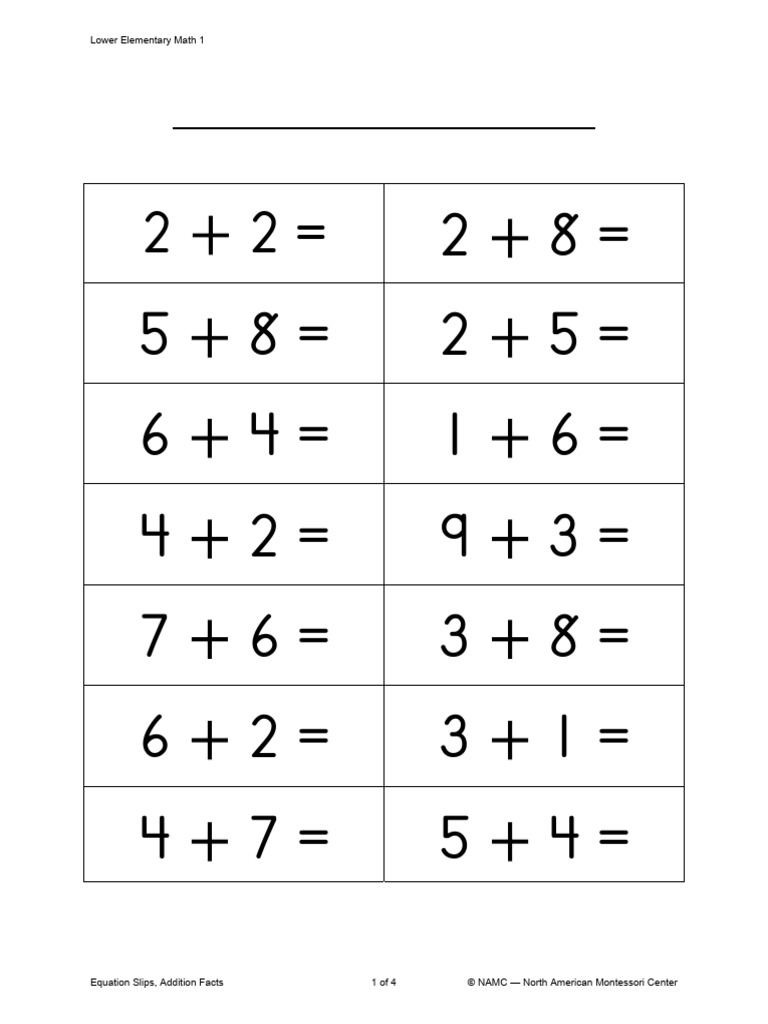 Addition Facts Equation Slips | PDF