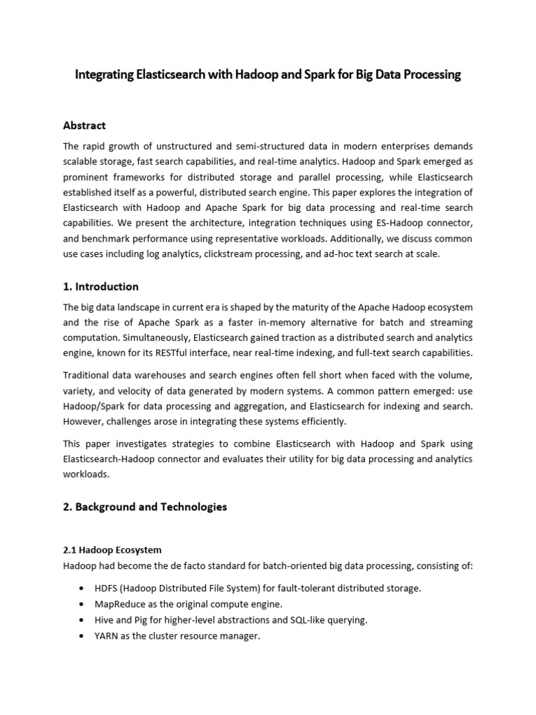 Integrating Elasticsearch With Hadoop and Spark For Big Data Processing | PDF | Apache Spark ...