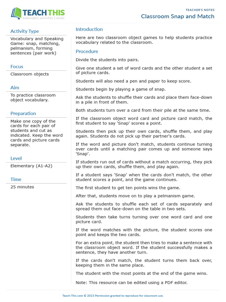 Classroom Snap and Match | PDF