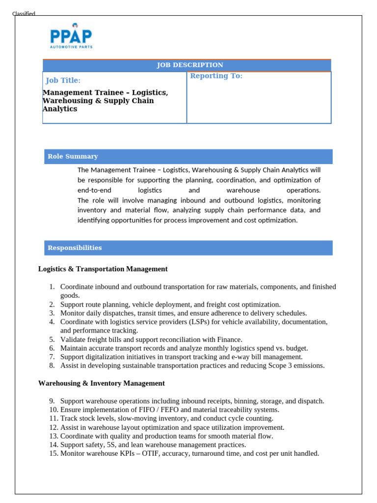 MT (Logistics and Warehousing & Supply Chain Analytics) - JD | PDF | Logistics | Warehouse