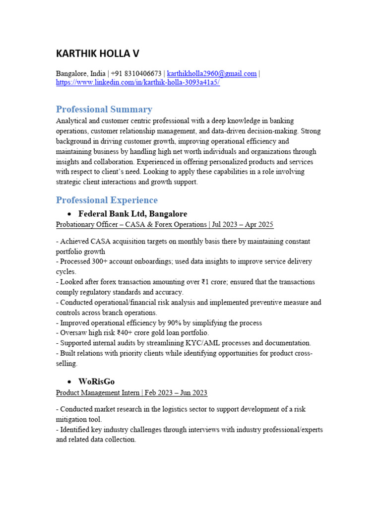 Karthik Holla v. Resume | PDF | Internal Audit | Business Economics