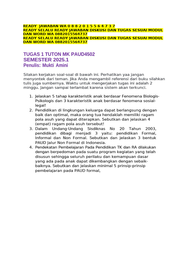 Soal Tugas 1 PAUD4502 Sem 2025.1 | PDF