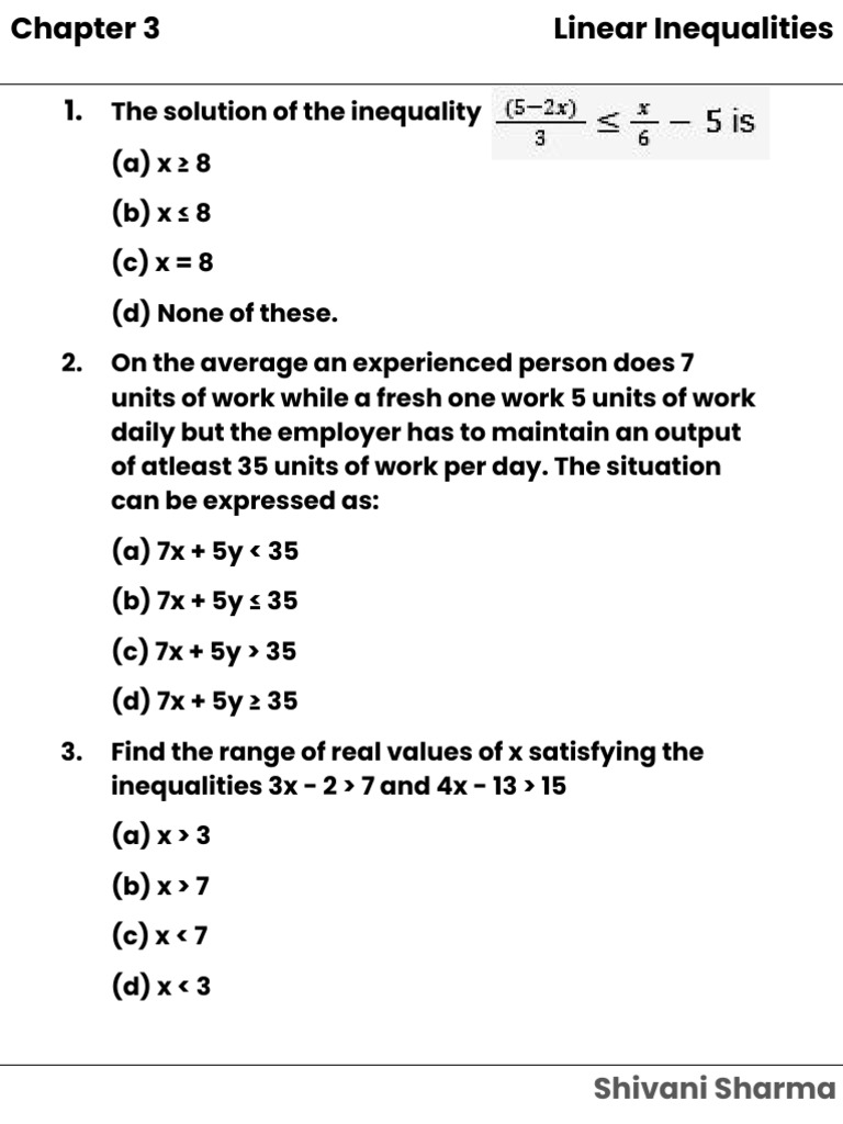 Linear Inequalities Practice Questions | PDF | Mathematical Analysis ...