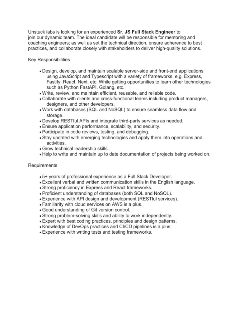 SR Full Stack Engineer JD | PDF