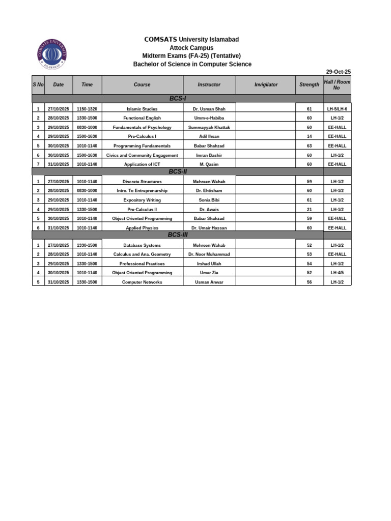 Final Midterm Date Sheet FA25 | PDF