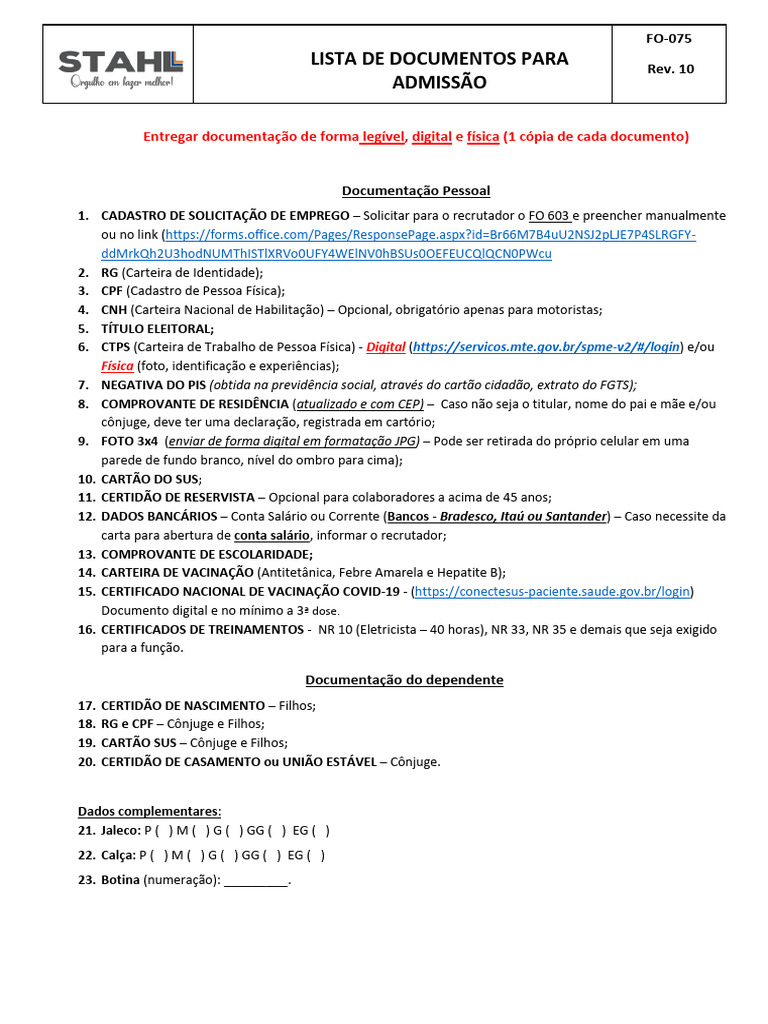 Lista de Documentos para Admissão | PDF