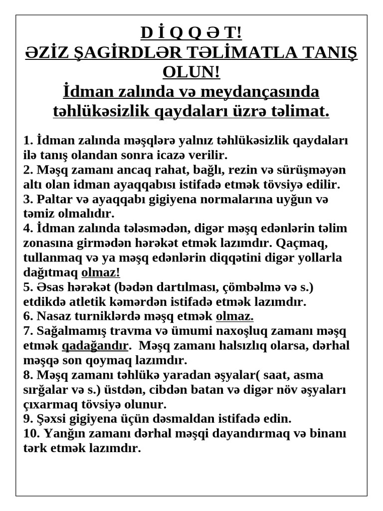 D İ Q Q Ə T İdman Zali VƏ Meydançasindan İsti̇fadə Üçün Təli̇mat! | PDF