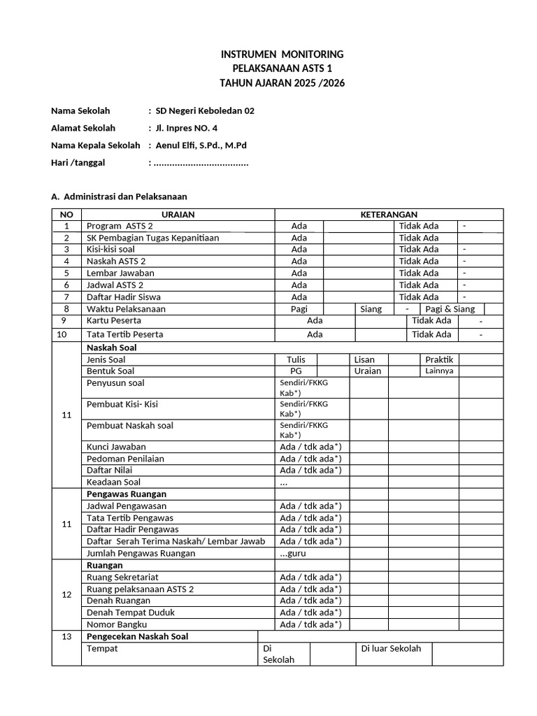 Monitoring Pelaksanaan ASTS 1 2025/2026 | PDF