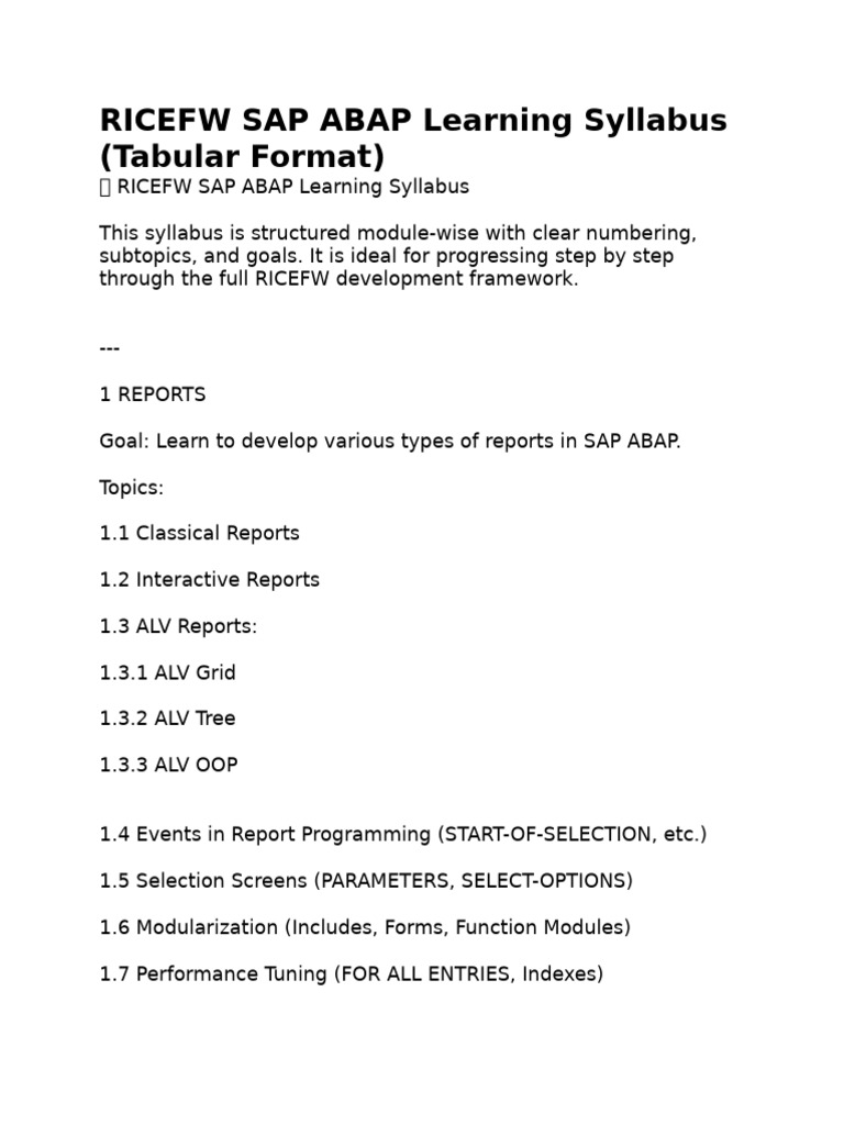RICEFW SAP ABAP Learning Syllabus (Tabular Format)(1) | PDF | Computer ...
