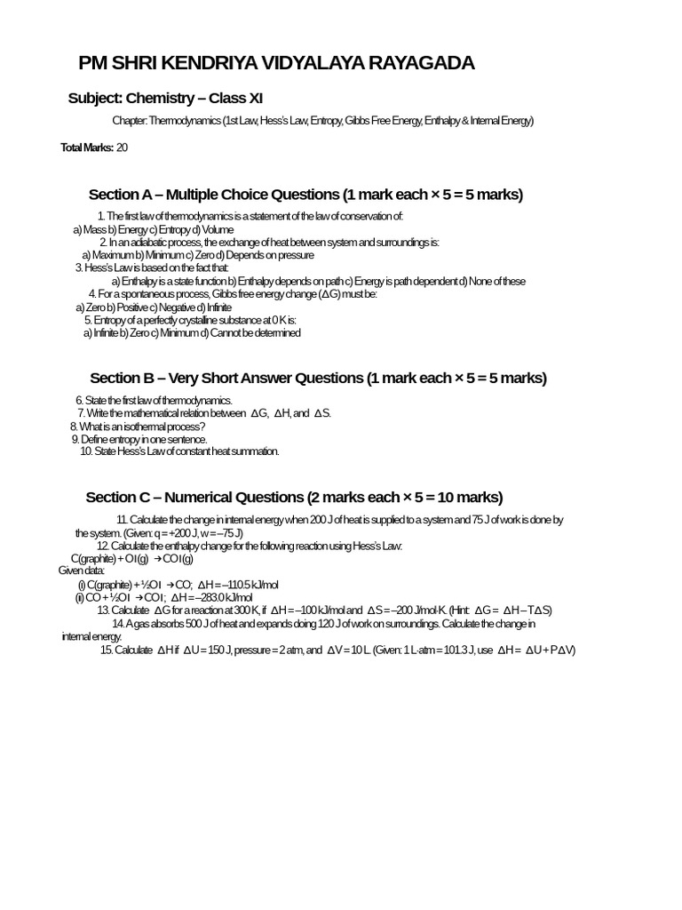 Class XI Chemistry Thermodynamics Question Set | PDF