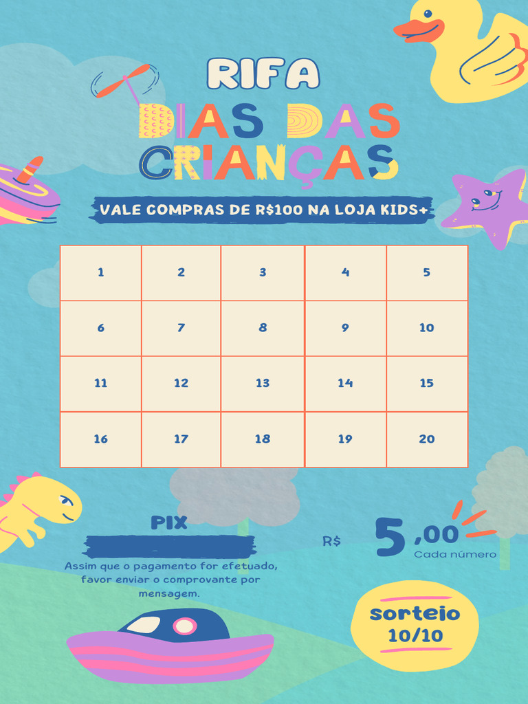 Rifa dia das crianças colorido divertido azul rosa e amarelo para story ...