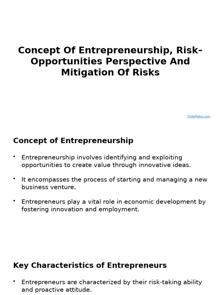 Concept of Entrepreneurship, Risk-Opportunities Perspective and ...