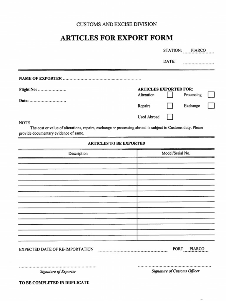 Customs Form For Articles To Export | PDF
