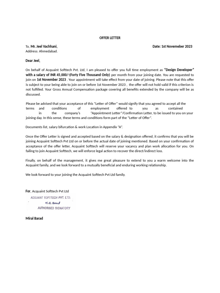 Jeel Offer Letter | PDF | Business | Labor