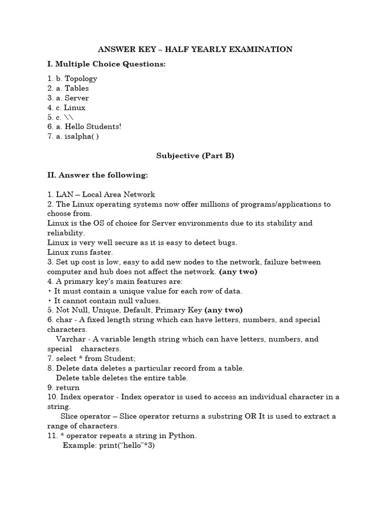 ANSWER KEY - Grade 8 Half Yearly Exam | PDF