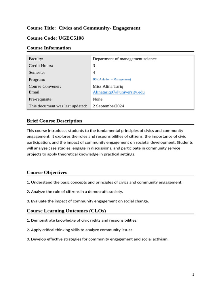 Civics and Community Engagement Course Outline | PDF | Learning | Cognition