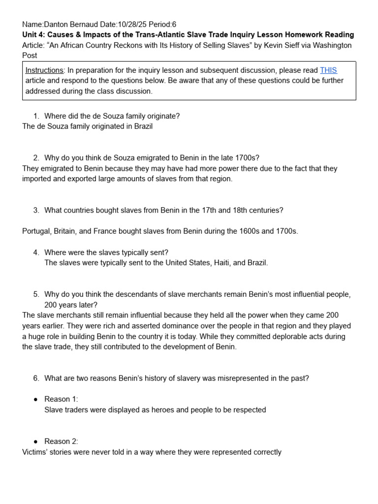 Unit 4 - Impacts of The Trans-Atlantic Slave Trade Inquiry Lesson ...