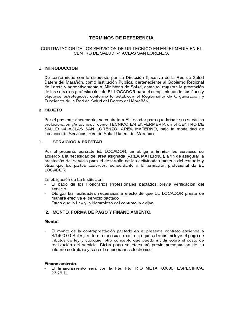 Modelo Terminos de Referencia Téc. Enf. | PDF